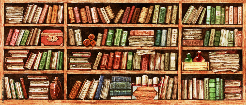 An old library painted in watercolor. Old books and scrolls on wooden ...