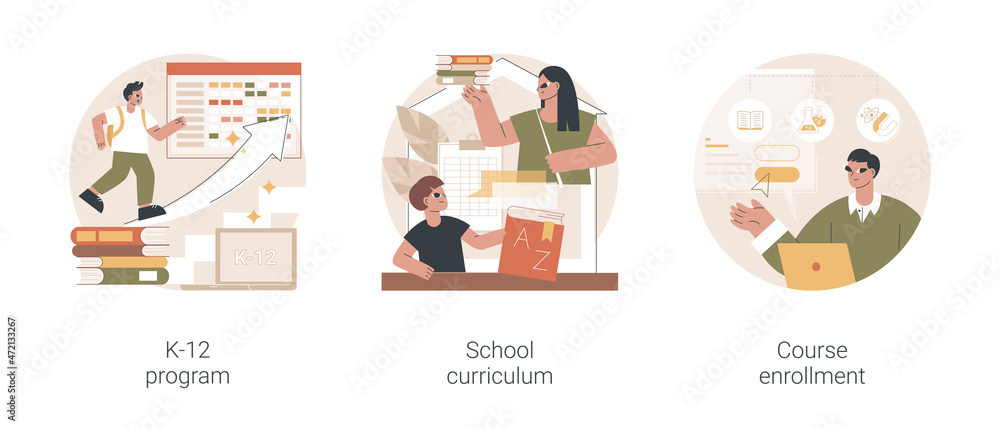 Public school abstract concept vector illustration set. K-12 program ...