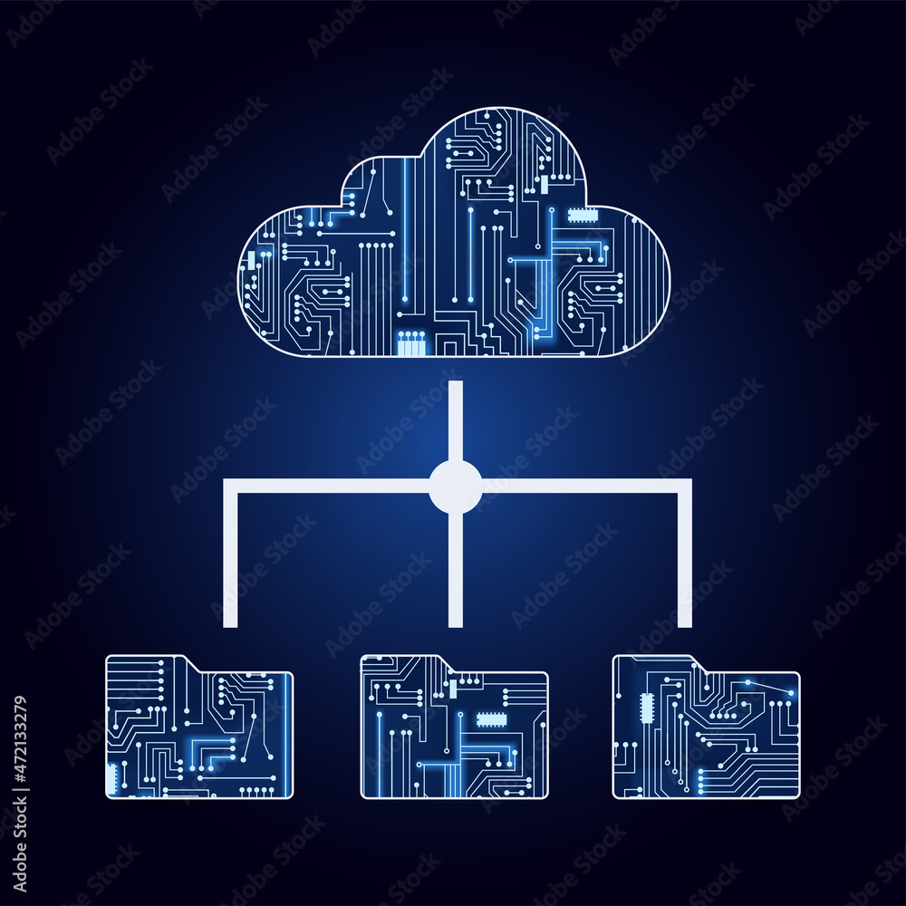 Cloud and files with electronic circuit. Blue and gradient background ...