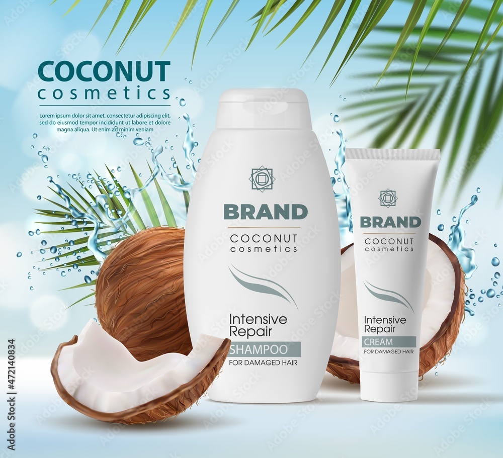 Coconut cosmetics, shampoo and cream packagings with water splashes and ...