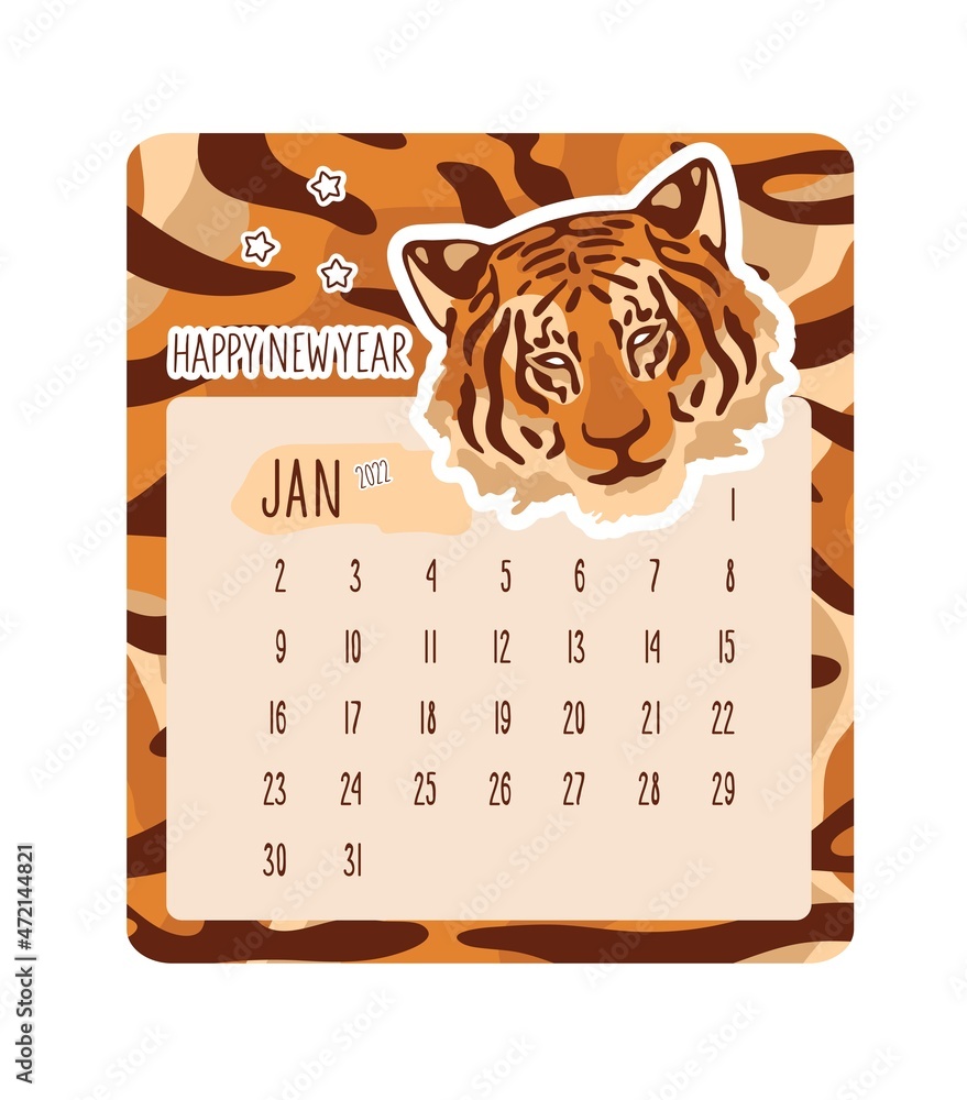 The symbol of the tiger of the New Year 2022. January. Tiger calendar ...