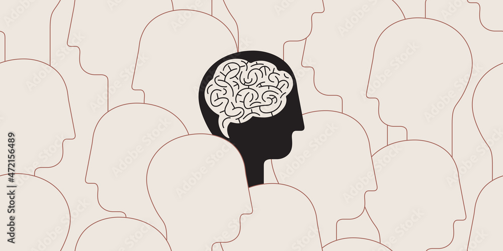Crowd of people, only one with visible brain. Reflection on oneself and ...