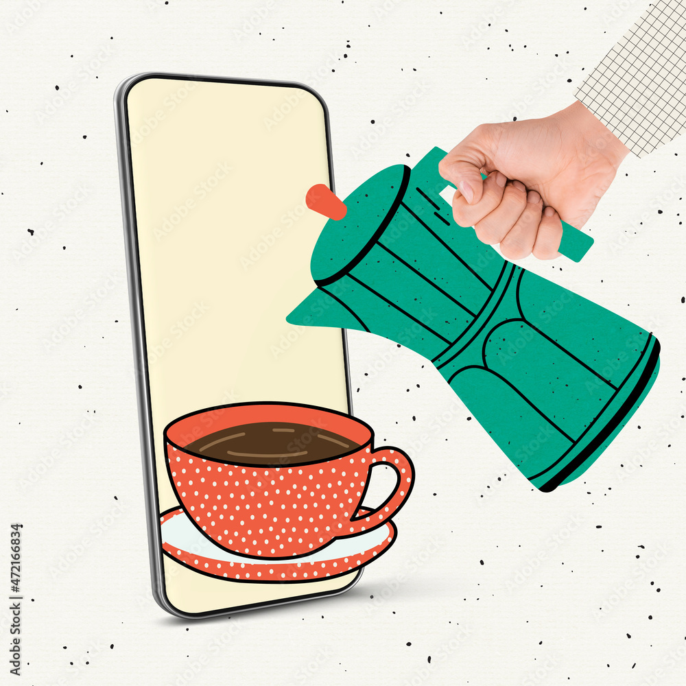 Contemporary art collage of man pouring coffee from geyser coffee maker ...
