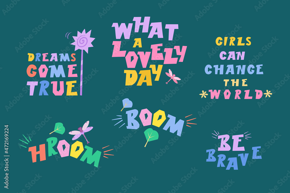 Lettering set in flat cartoon style. Hand drawn kids vector color ...