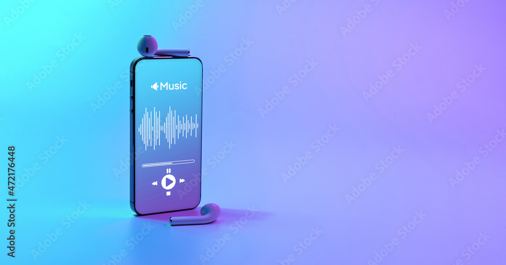 Music banner. Mobile smartphone screen with music application, sound ...