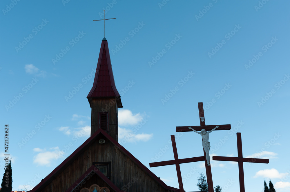 Religion. Church architecture. Stylized catholic church made of wood ...
