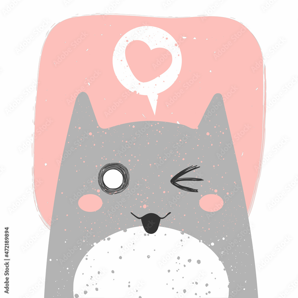 Cute smiling cat with anime emotion and speech babble with heart. hand ...