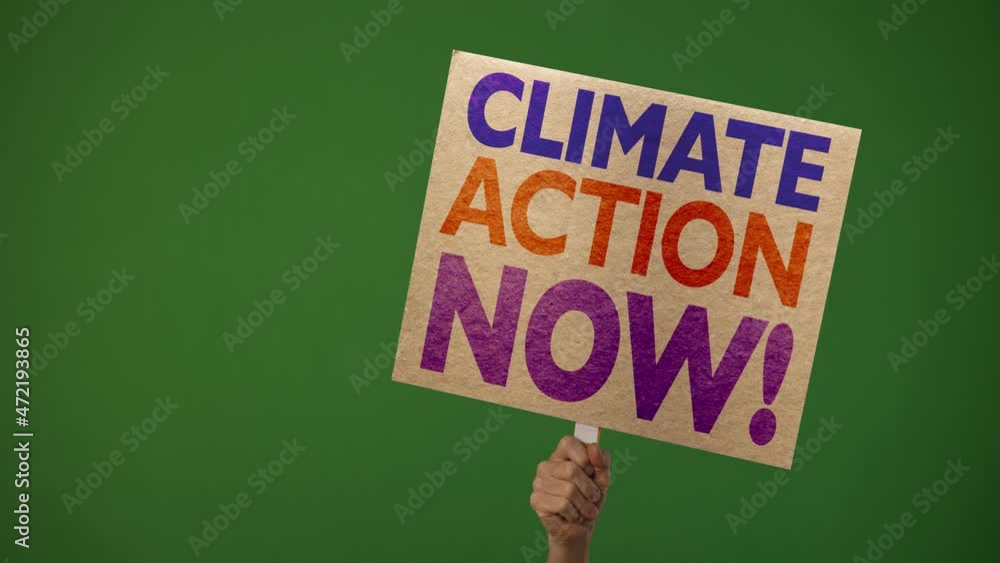 Vidéo Stock Arm holding a sign that says CLIMATE ACTION NOW on a green ...