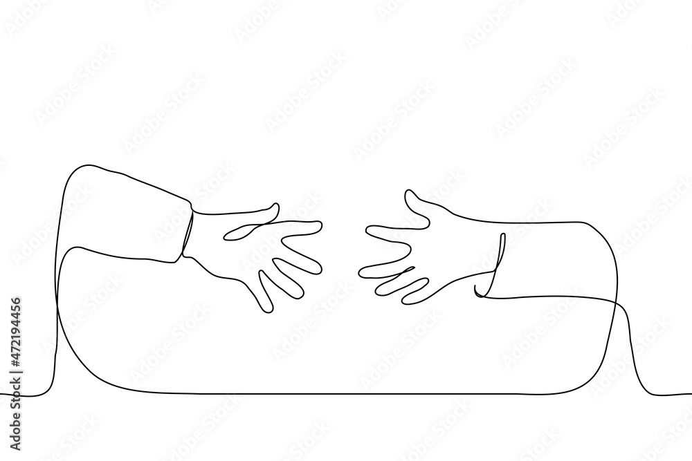 two left hands of different people reach out to each other - one line ...