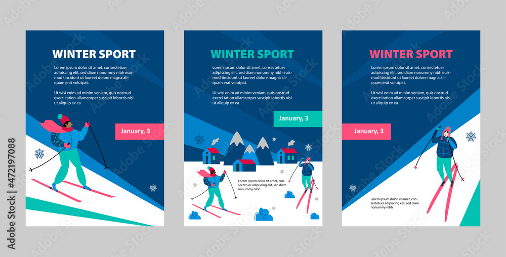 Winter Sport Skiing Poster set. Skier in motion and Winter-time hiking ...