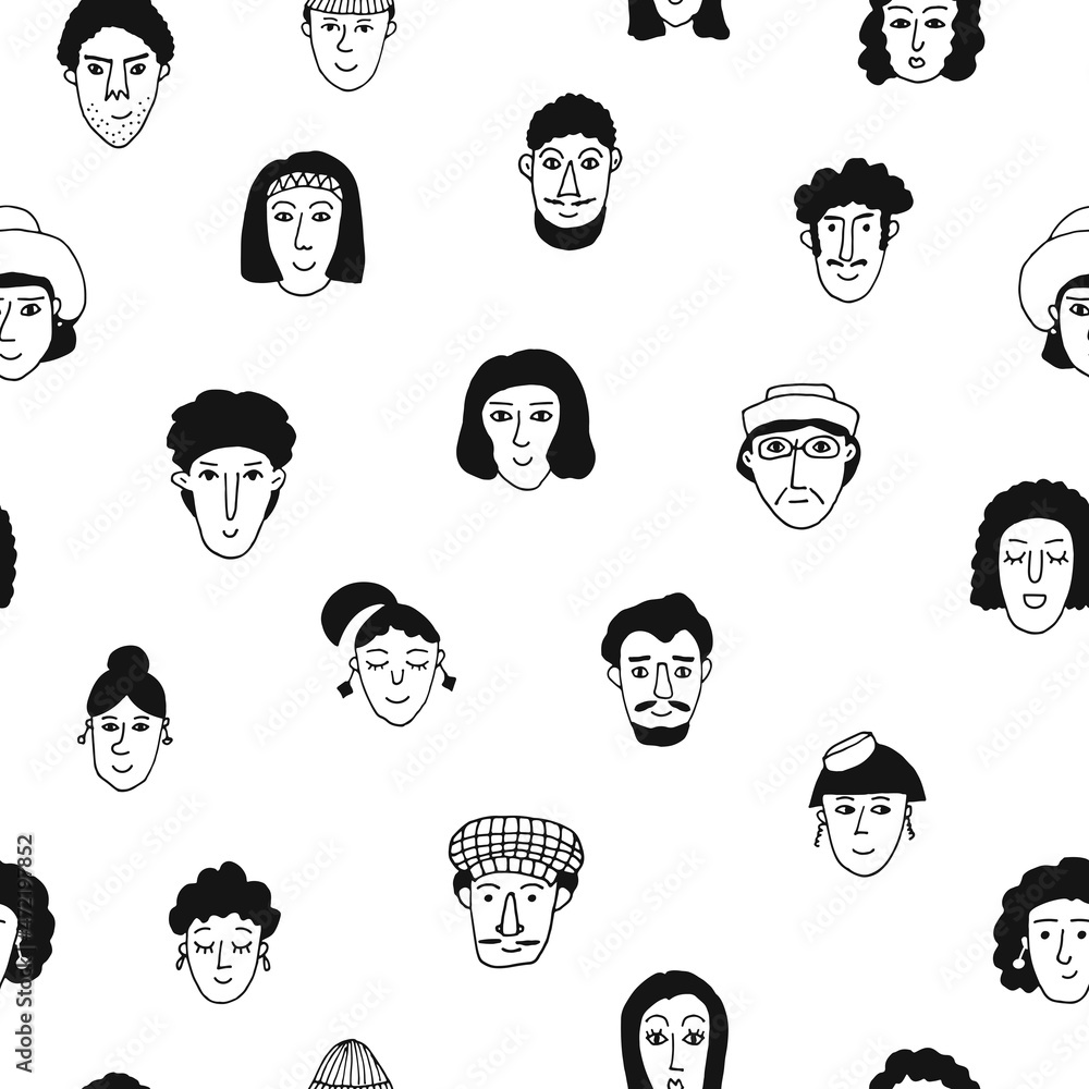 Seamless pattern of people faces. Doodle style. Hand drawn vector ...