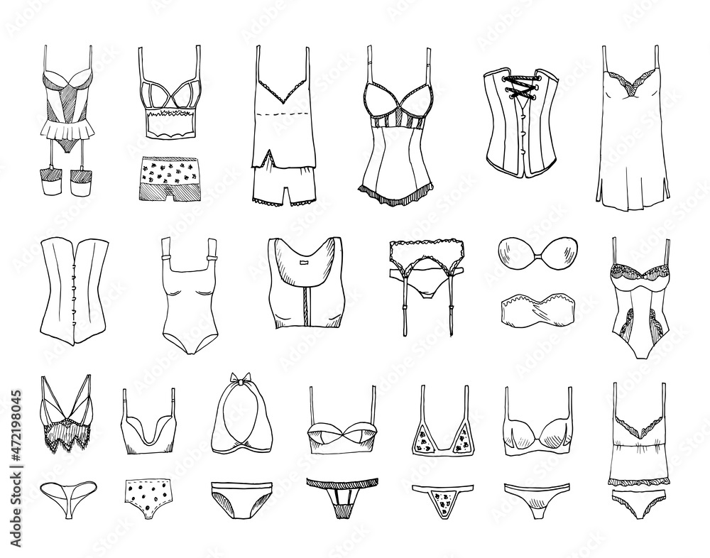 Collection of monochrome illustrations of lingeries in sketch style ...