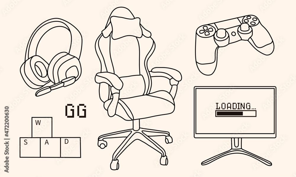 Set of various equipment for gamer. Hand drawn vector illustration. All ...