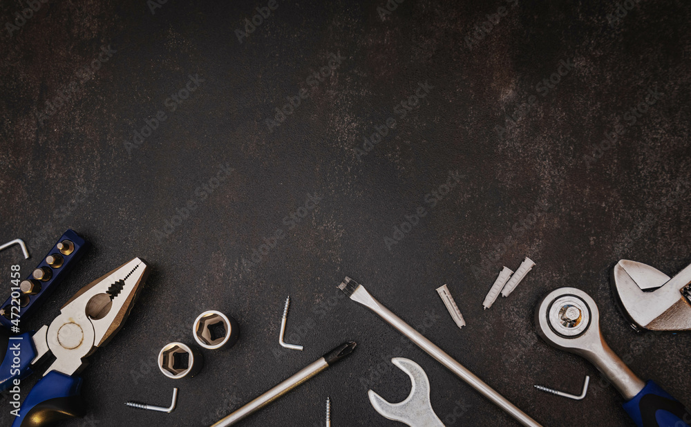 dark Steel Banner, Header with a lot of different tools Stock Photo ...