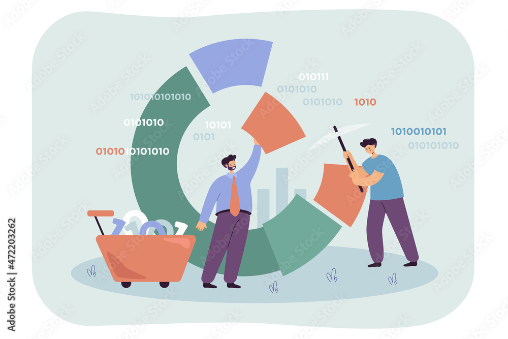 Cartoon tiny characters standing near diagram and collecting ...