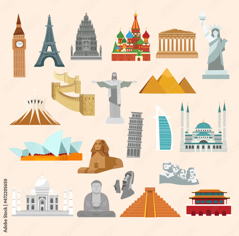 Print. A big set of architectural landmarks of the world. Stock Photo ...