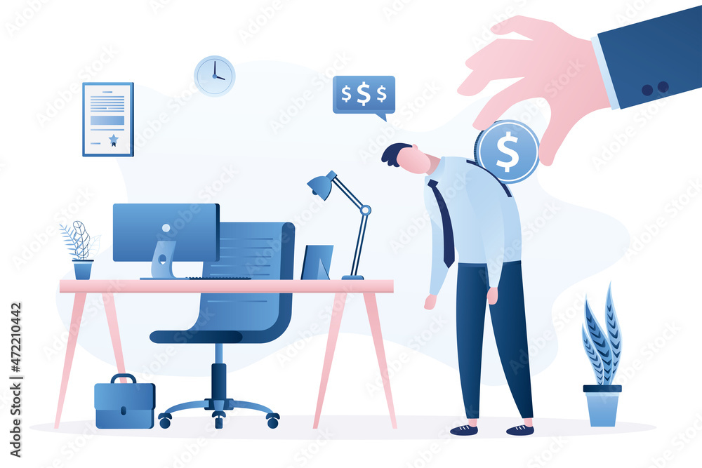 Business motivation. Raising wages. Boss hand gives money to ...