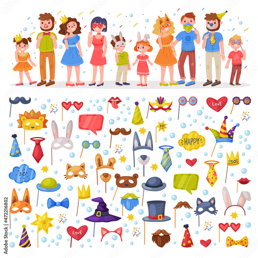 Family with Kids Wearing Party Birthday Photo Booth Props Standing and ...