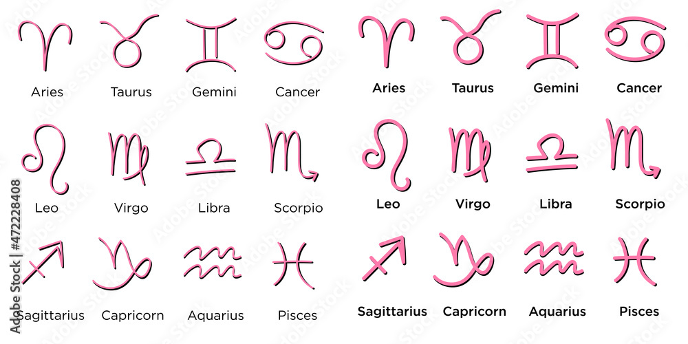 Zodiac signs. Pink. Vector flat black and white line drawing for ...