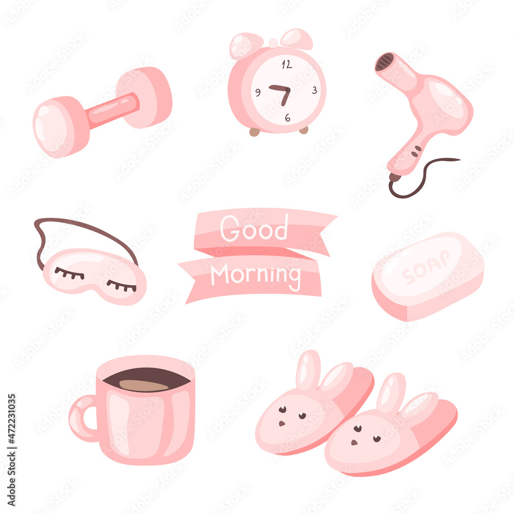 Cute morning routine stickers set in doodle style. Everyday morning ...