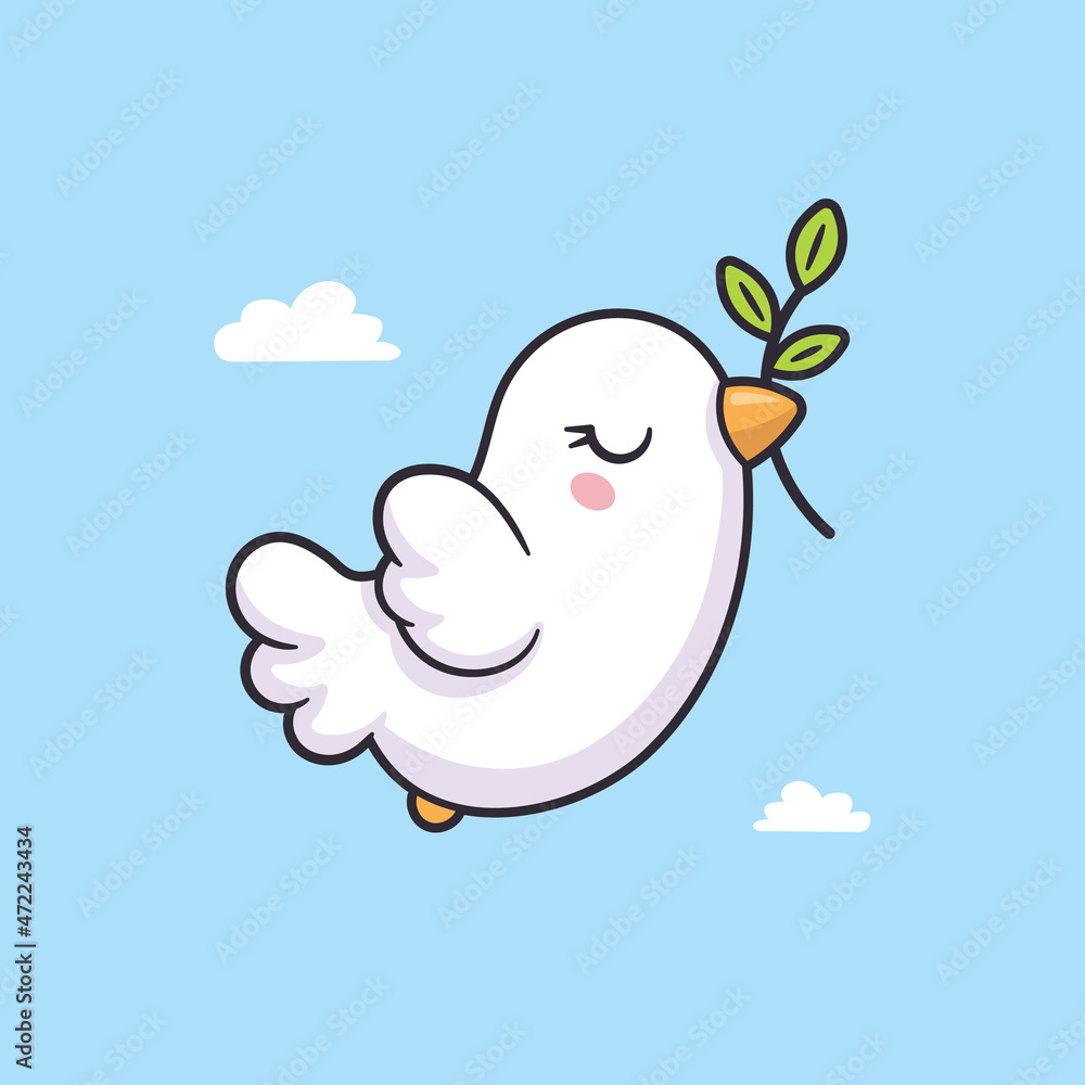 Cute dove of peace with olive branch kawaii cartoon vector illustration ...