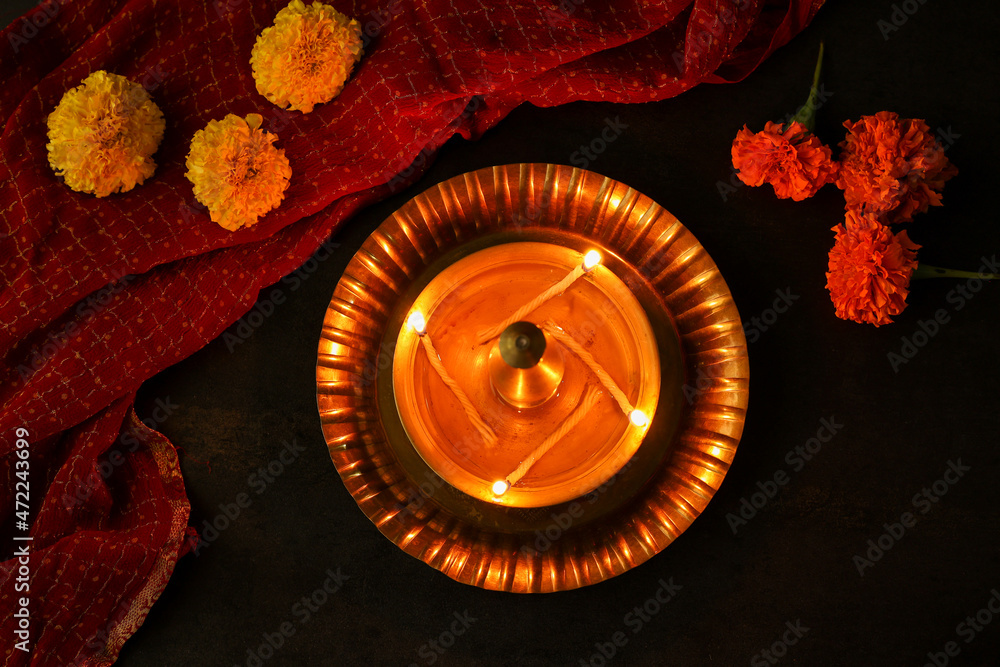 Indian woman holding lighting oil lamp Pongal Onam Diwali vishu ...