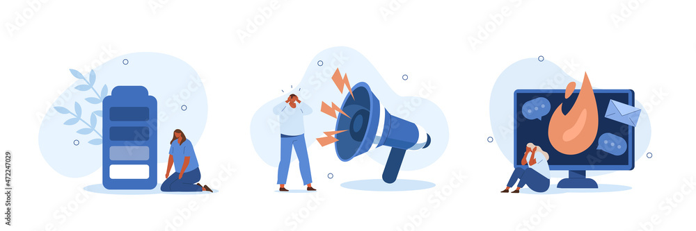 Emotional burnout syndrome illustration set. Characters suffering from ...