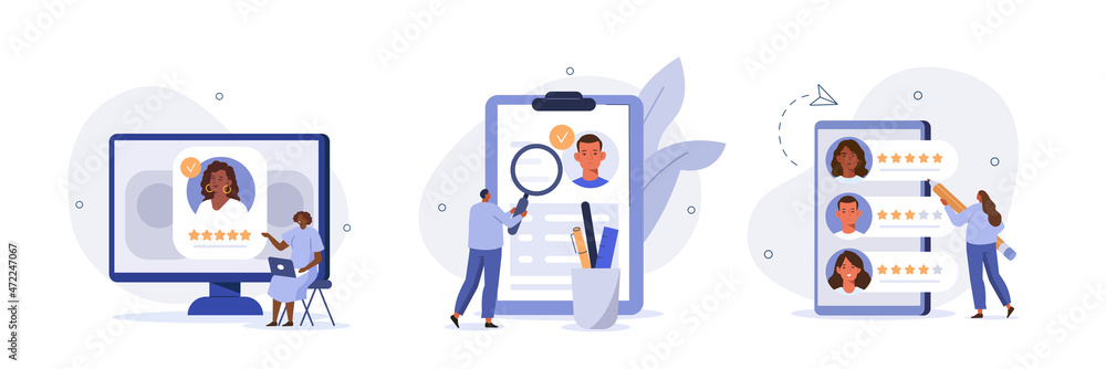 Hiring illustration set. Hr managers searching new employee, reading CV ...