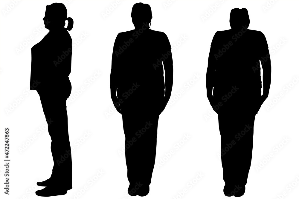 Three silhouettes of women without movement, stand straight, upright ...