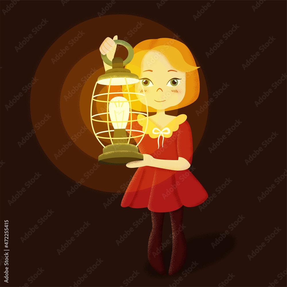 A cute little girl in a red dress is holding a glowing Christmas ...