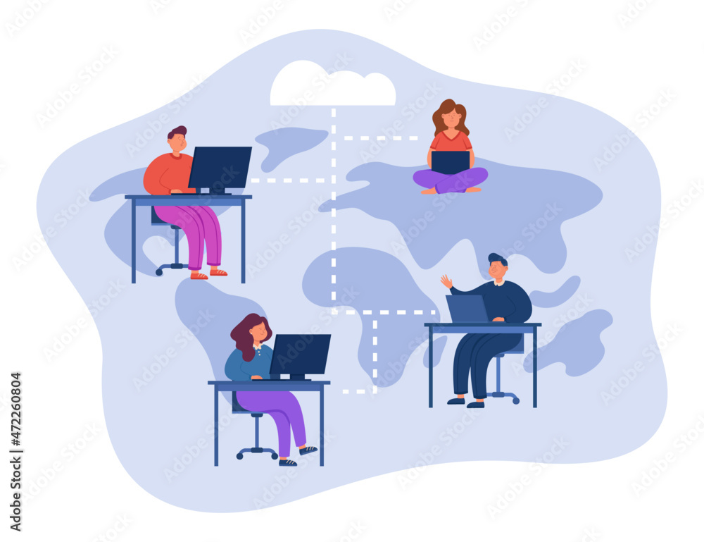 Remote team of cartoon employees sharing data via cloud system. Company ...