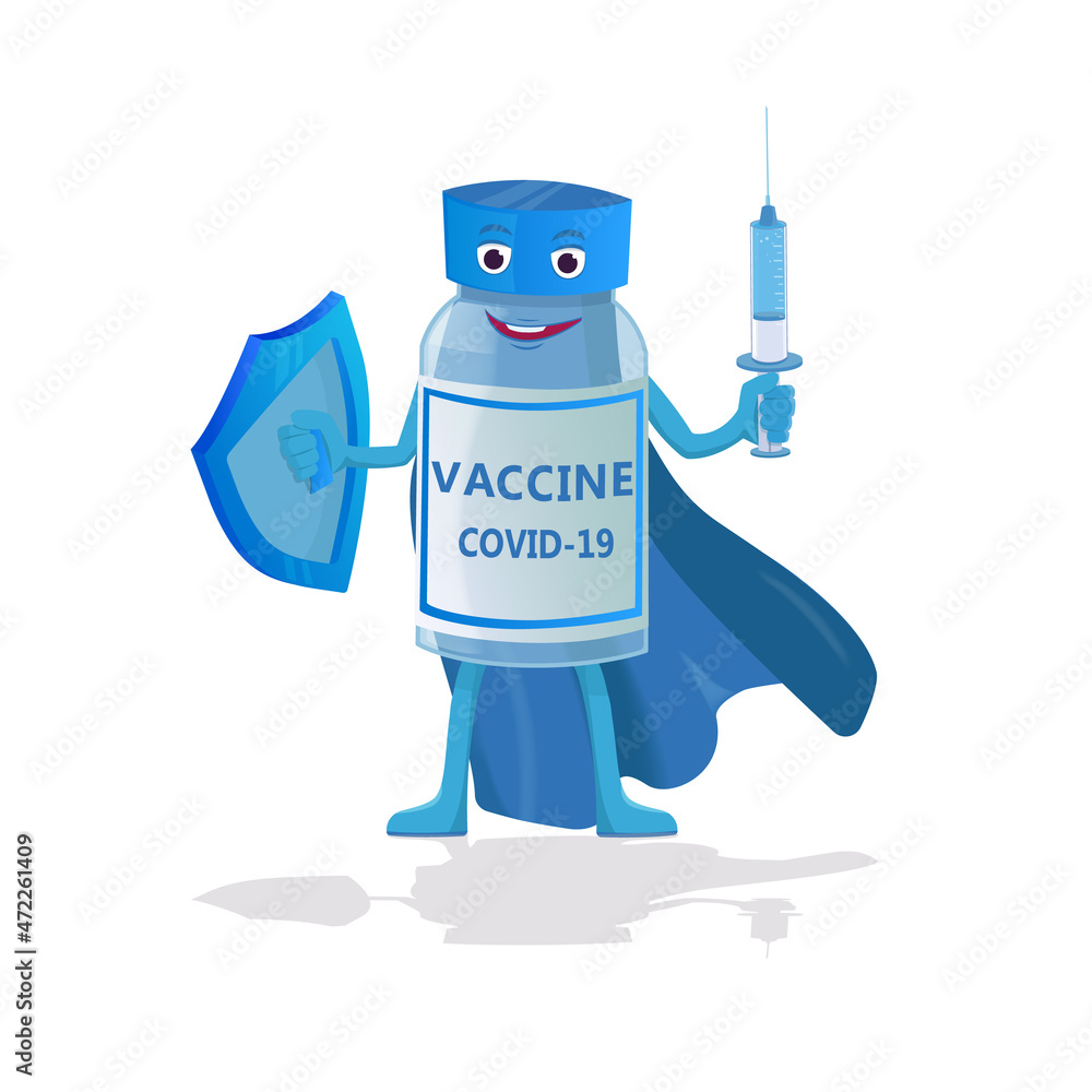 Vaccine vial like a superhero wearing a cape and shows his muscles ...