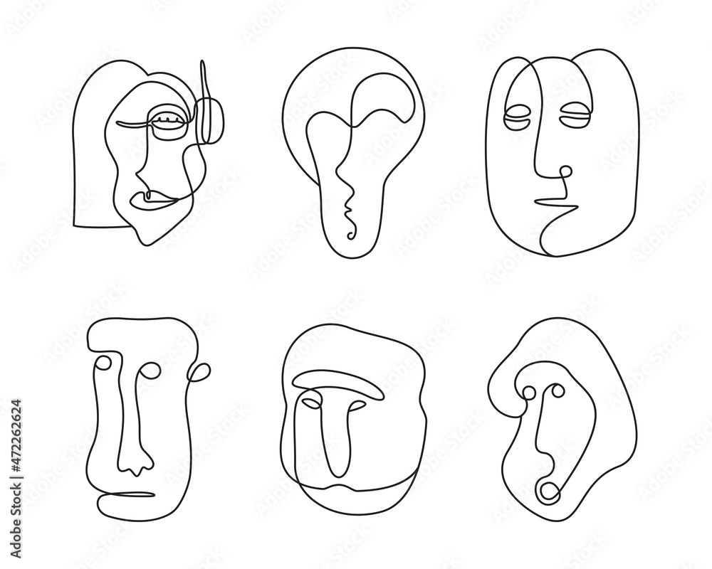 Continuous line drawing of abstract faces, artistic representation of ...