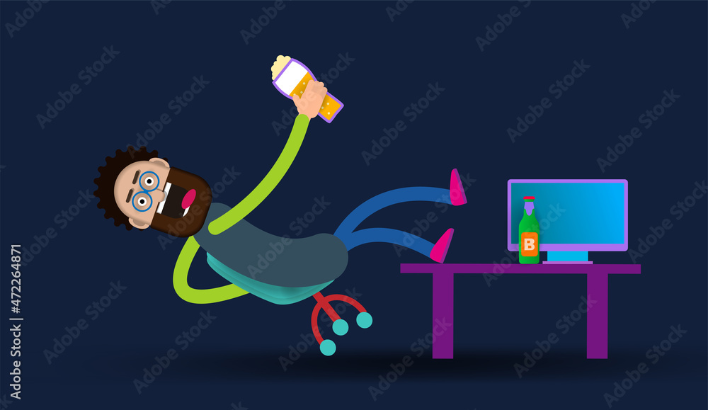 Cartoon office worker with glasses drinks beer in the workplace Stock ...