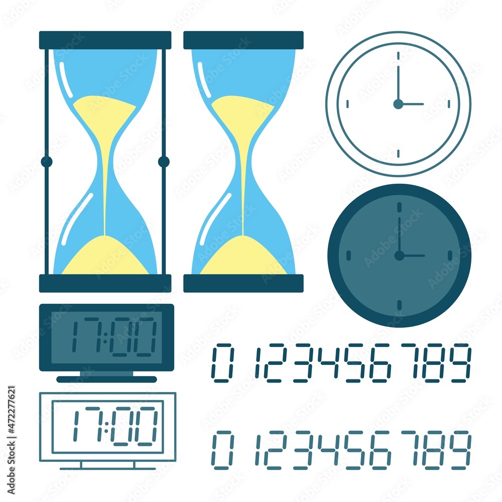 Hourglass, pointer and digital clock illustration in flat style. Vector ...