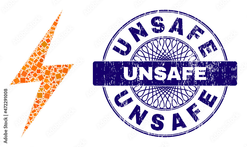 Geometric collage electric spark, and Unsafe dirty stamp seal. Blue ...