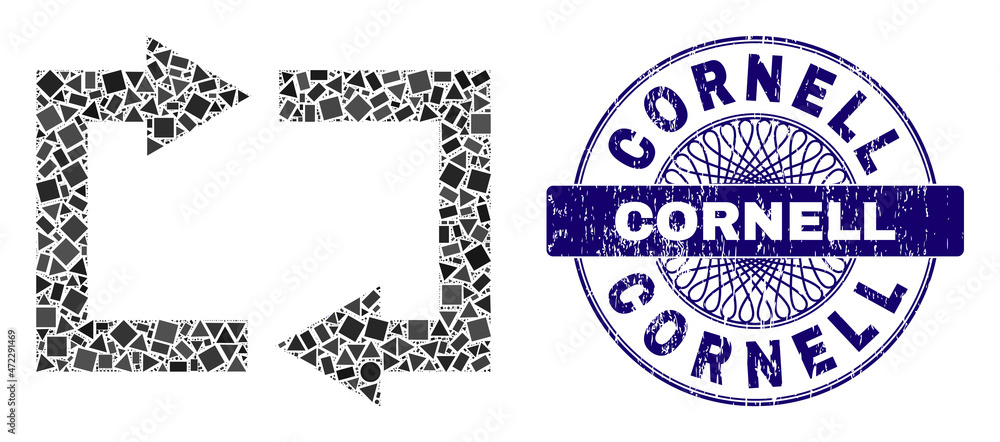 Geometric collage exchange arrows, and Cornell grunge stamp seal. Blue ...