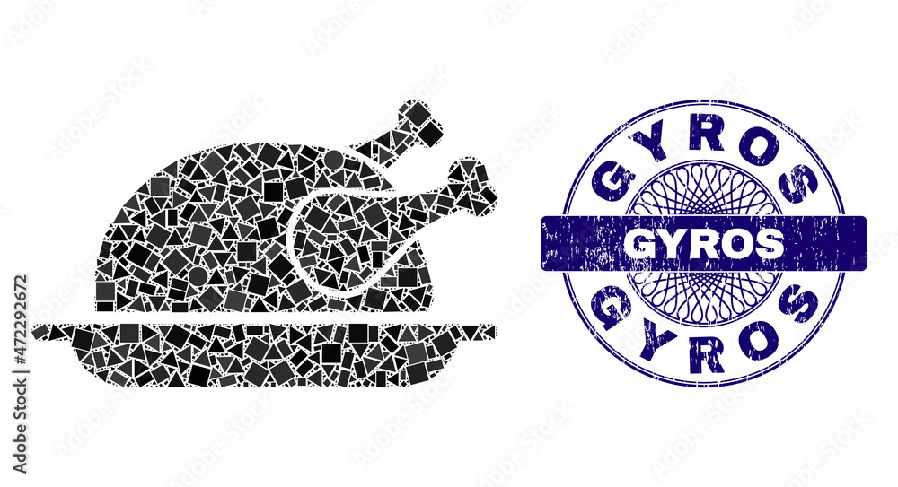 Geometric collage fried chicken dish, and Gyros dirty stamp seal. Blue ...