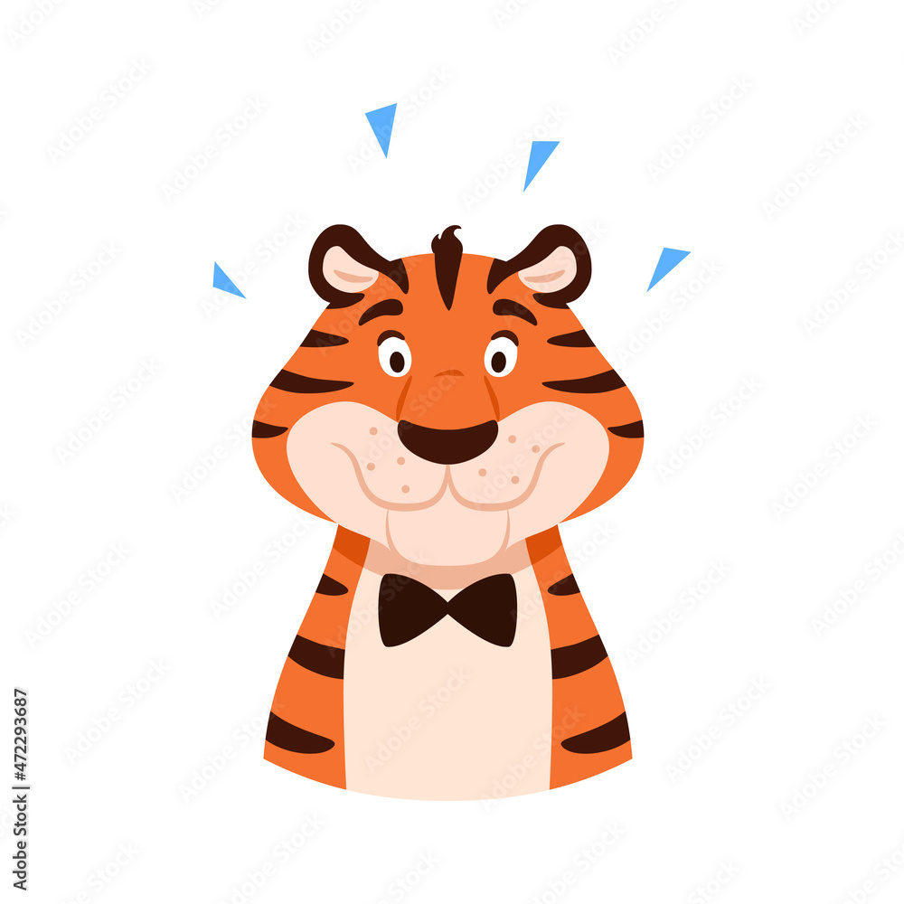 Cute happy flat tiger portrait isolated on white background. Cartoon ...