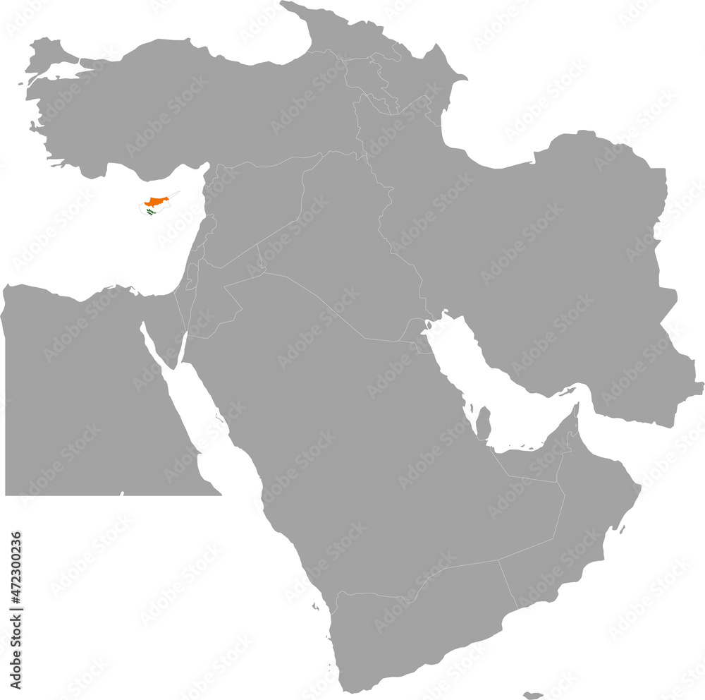 Map of Cyprus with national flag inside the gray map of Middle East ...