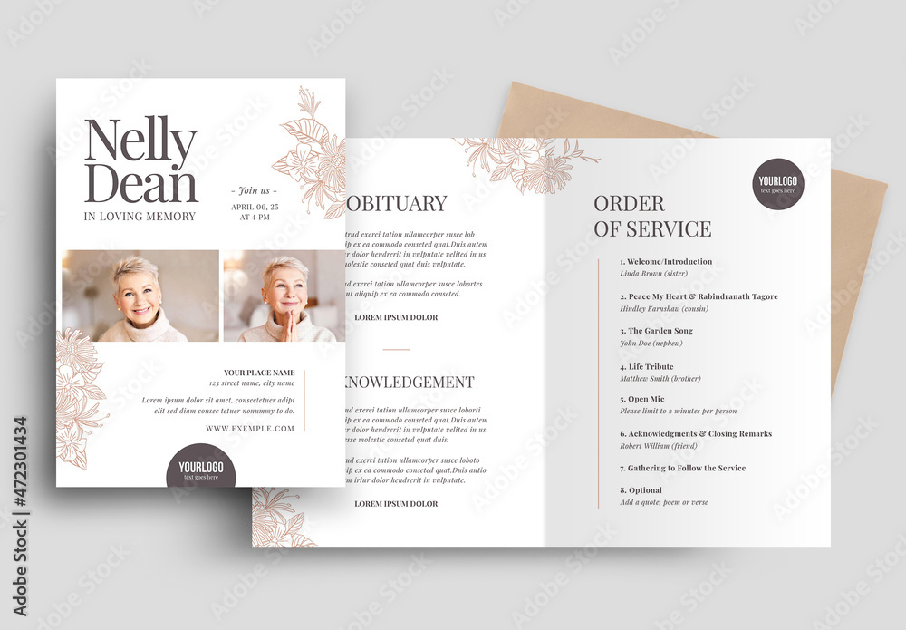 Funeral Program Memorial Service Obituary with Floral Flower Line Art ...