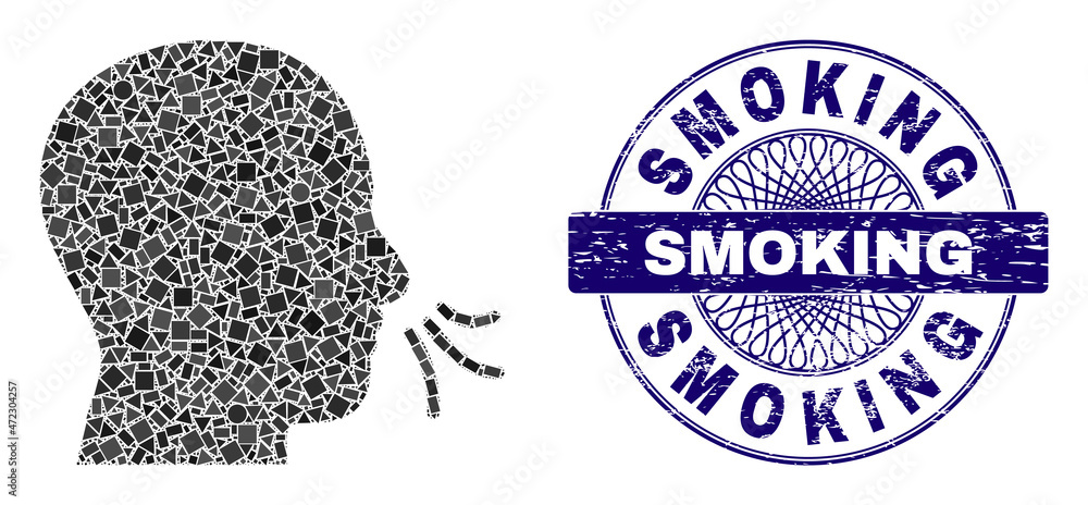 Geometric mosaic sniff, and Smoking corroded stamp seal. Blue stamp ...