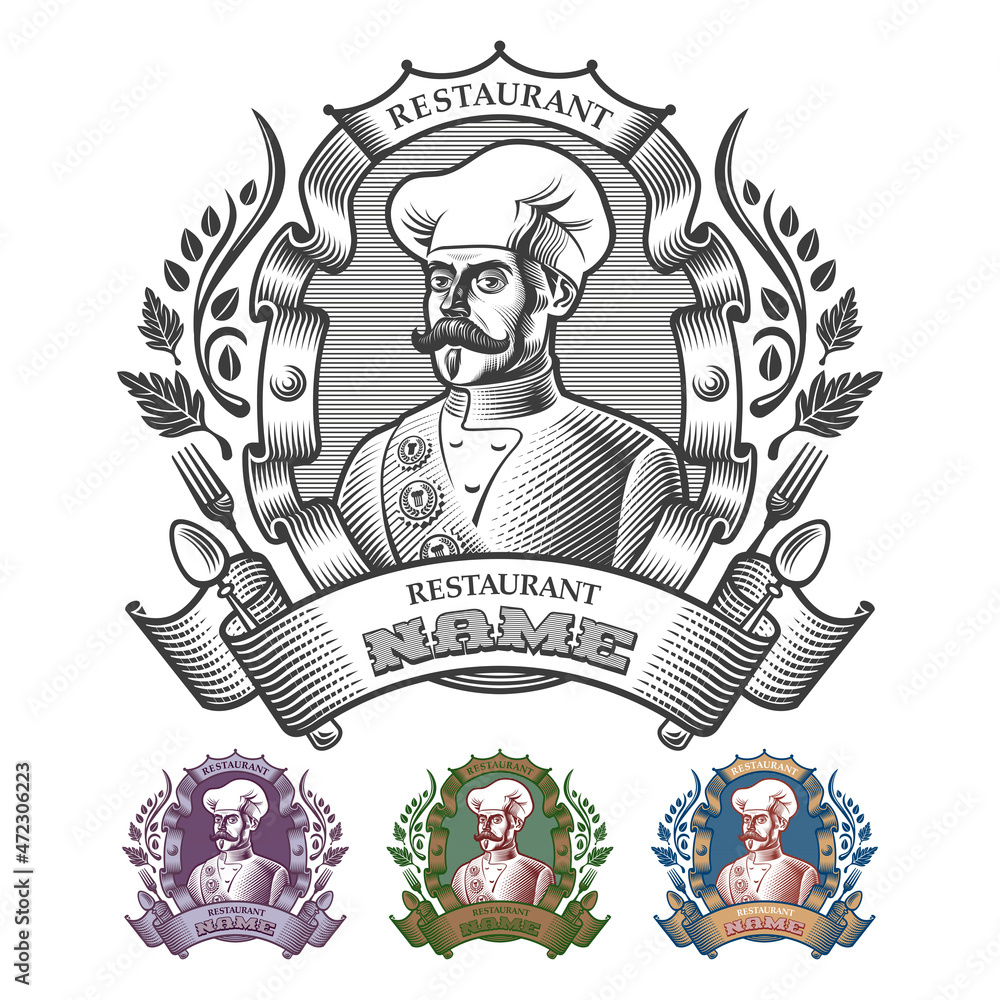 Portrait of a restaurant chef. Drawn as a ceremonial portrait in an ...