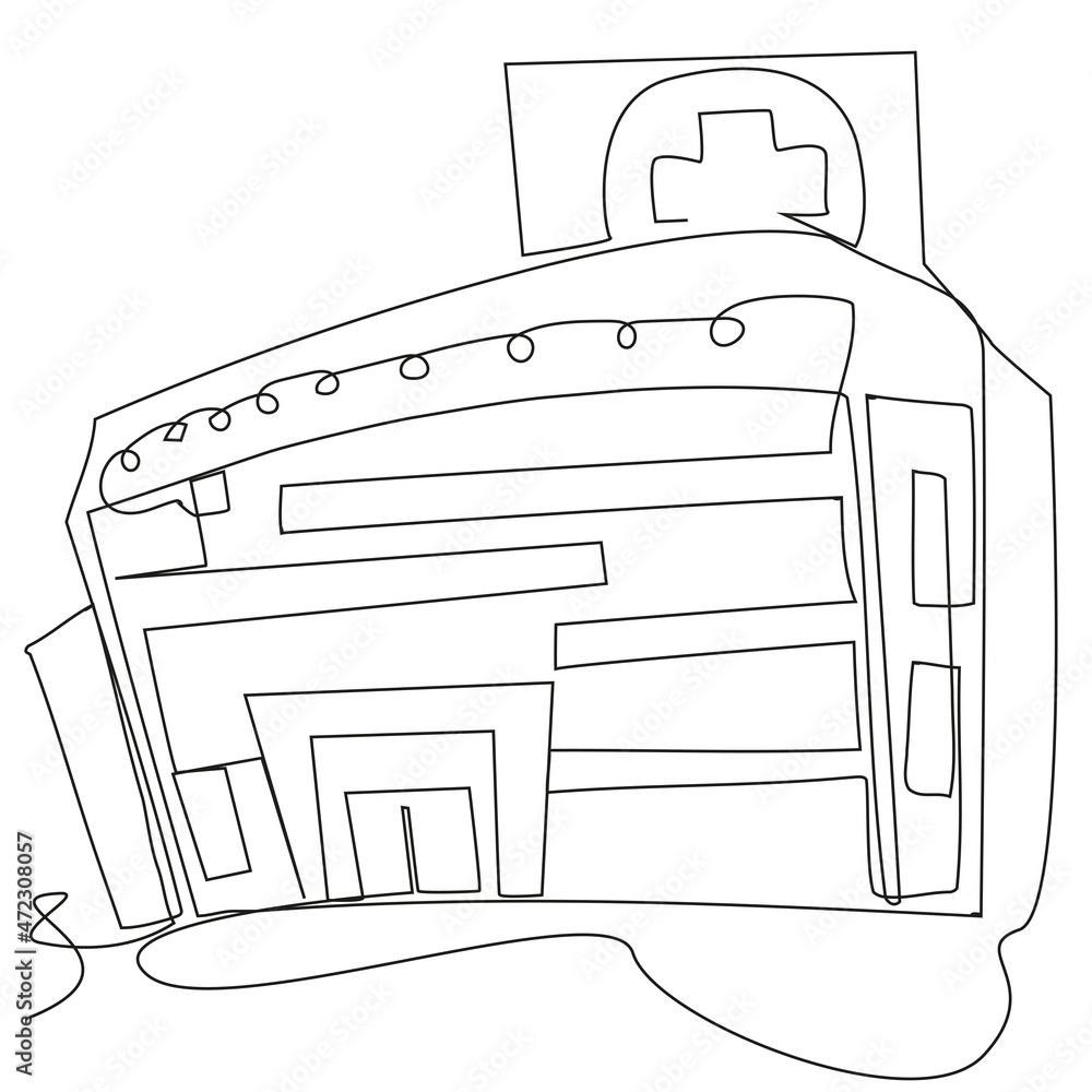 One line clinic building in a simple doodle style on white background ...