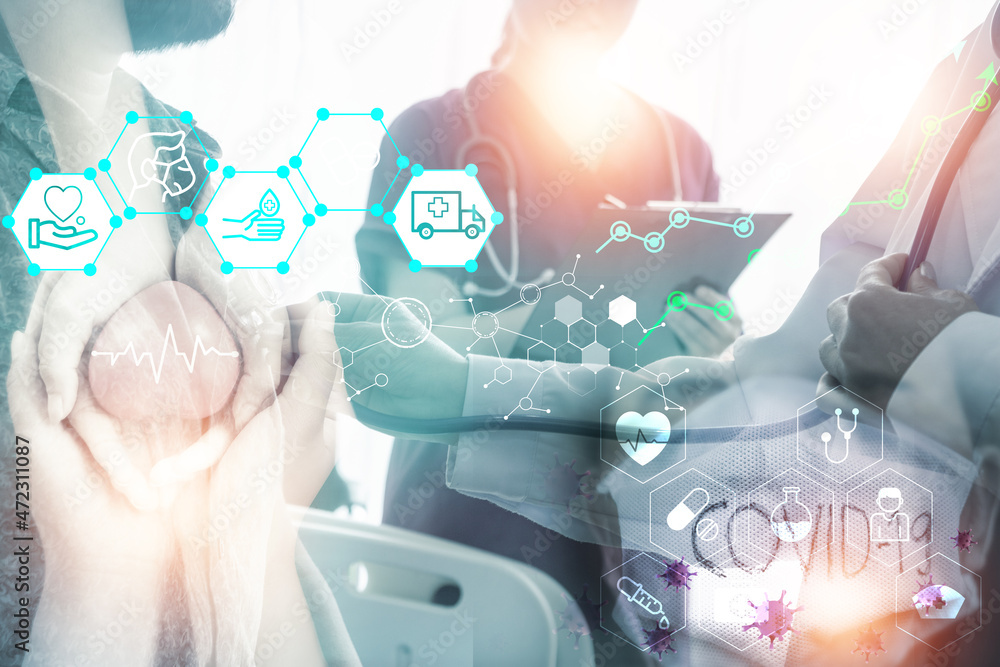 Double exposure Medicine doctor and health care.Health care icon with ...