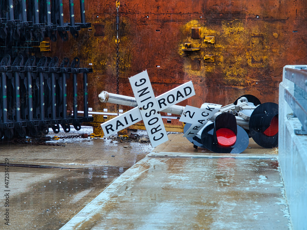 Railroad crossing sign after a train derailment Stock Photo | Adobe Stock