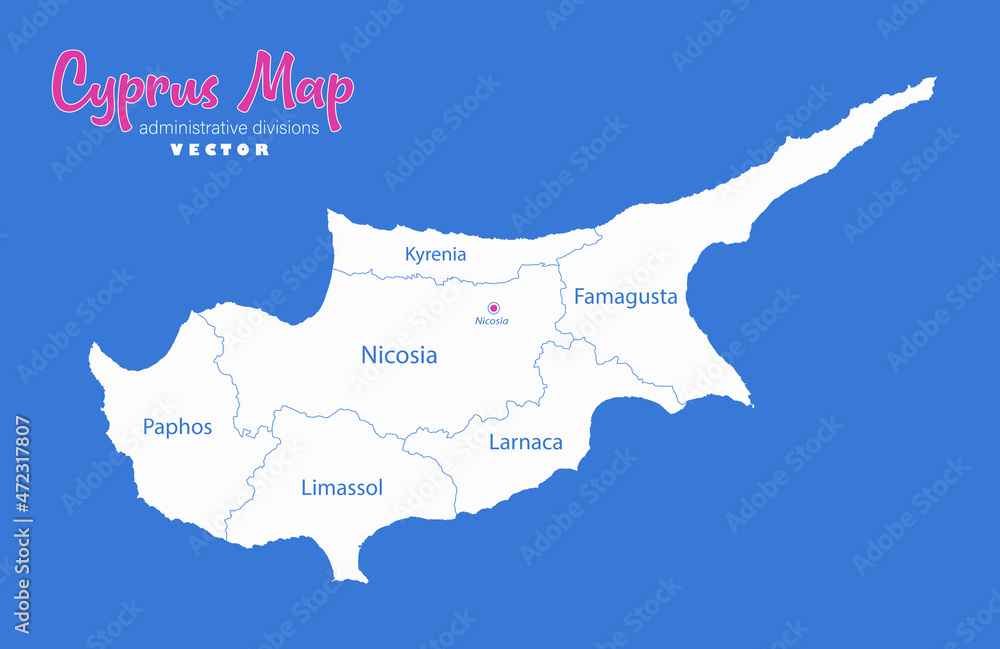 Cyprus map, administrative divisions whit names regions, blue ...