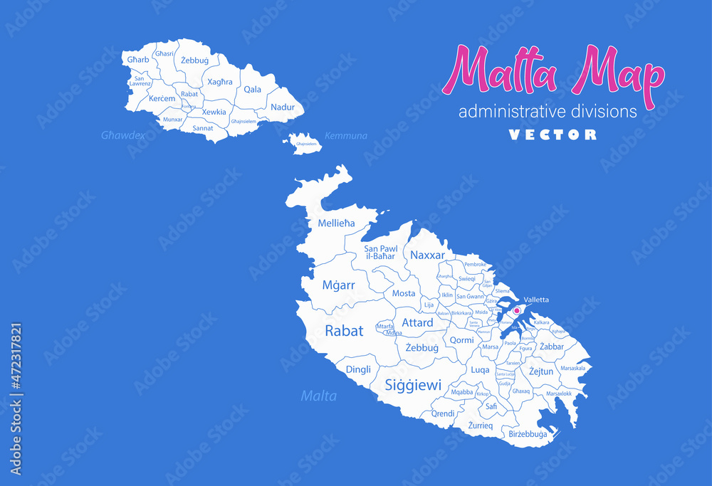 Malta map, administrative divisions whit names regions, blue background ...