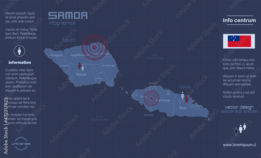 Samoa map, separate regions with names, infographics blue flat design ...