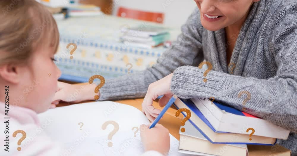 Animation of brown question marks over happy female elementary school ...